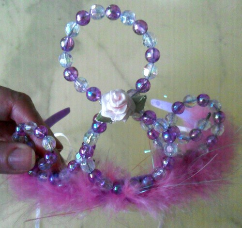 Princess TIARA Hairband Fuzzy Pink Feathers Beads Silk Rose Ribbons ...