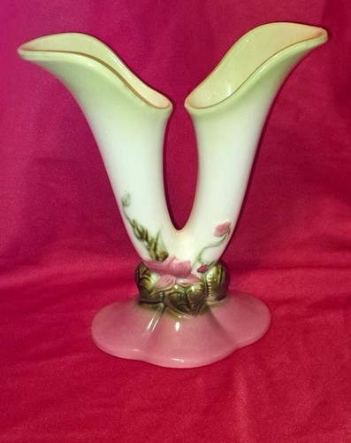 VINTAGE HULL VASE WOODLAND W15 - 8 1/2" MAUVE GREEN DOUBLE CORNUCOPIA ...