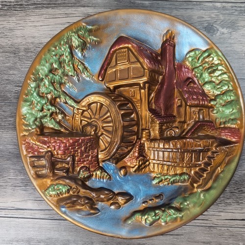 Vintage 11” Round 3D Chalkware Raised Water Wheel Mill Scene Plaster ...