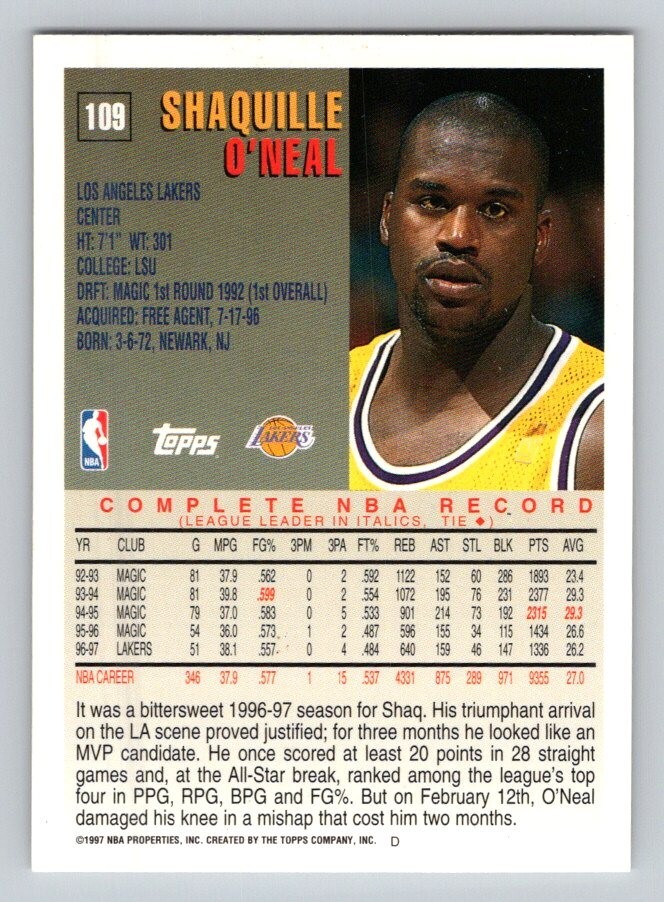 Shaquille O'Neal 1997 Topps Autograph NBA card TTM/IP signature | eBay