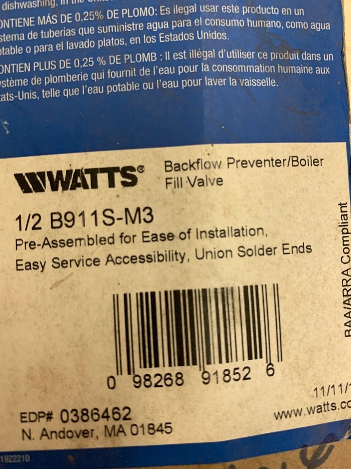 *NEW* WATTS Backflow Preventer/Boiler Fill Valve 1/2" B911S-M3 / B1156F ...