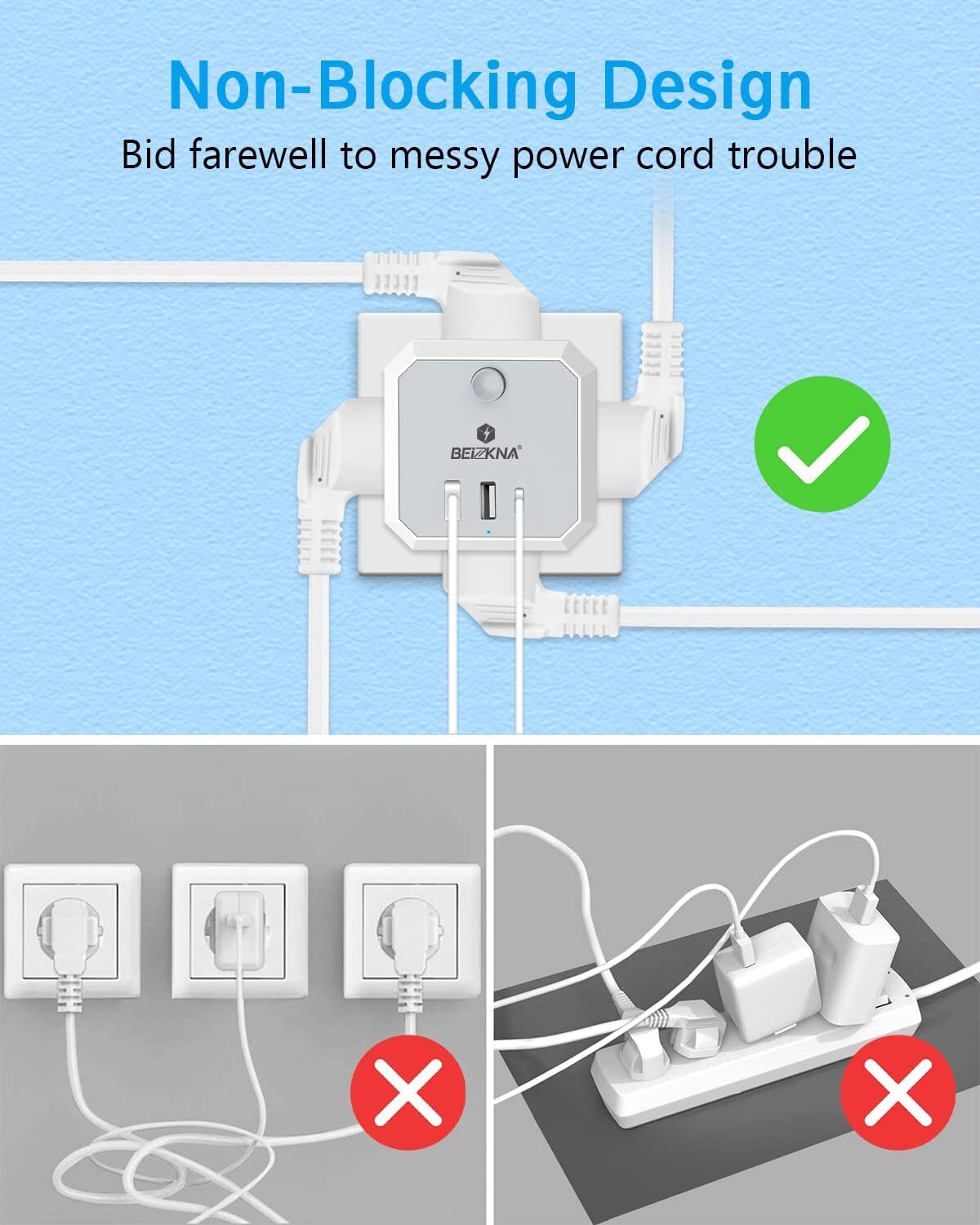Multi Plug Adapter with 3 USB 4 Way Multi Plug Extension USB C Wall ...