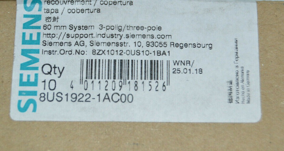 10-PK Siemens 8US1922-1AC00 Busbar 60mm End Cover Plates 22-0530, PC ...