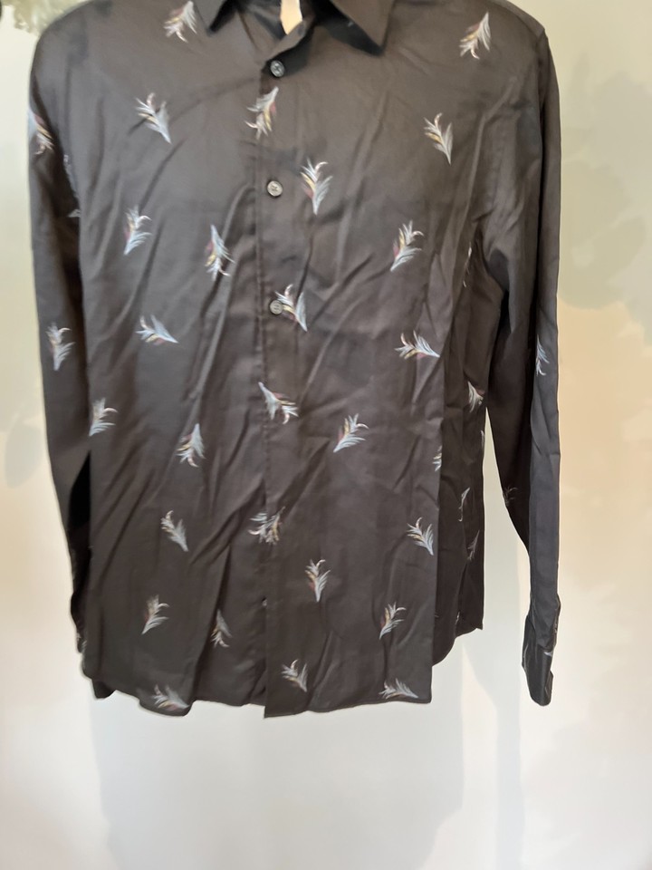 TED BAKER Shirt Mens TB 3 UK M Black Feather Print Long Sleeve Regular ...