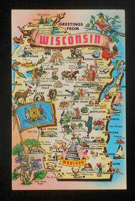 1978 State Map of Wisconsin Entered the Union 1848 WI Postcard | eBay