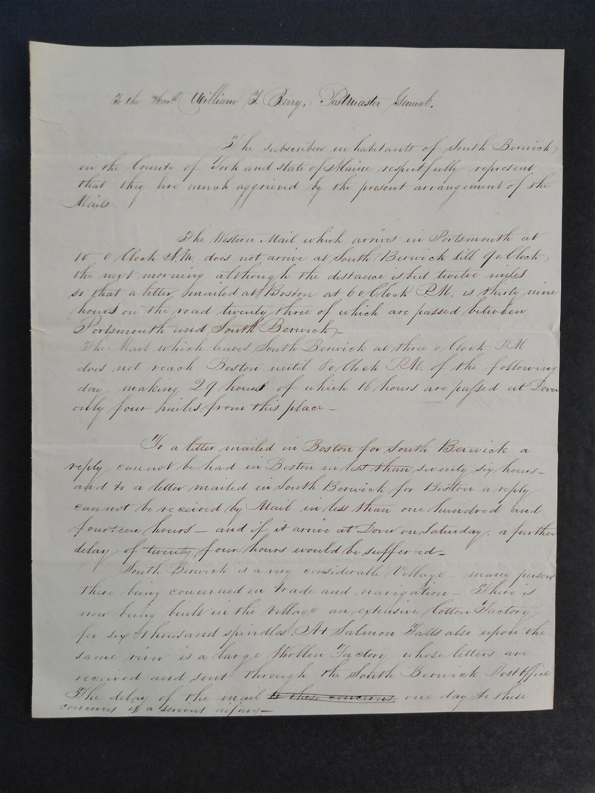 Maine: South Berwick ca. 1840s Letter to Postmaster General in DC, Mail ...