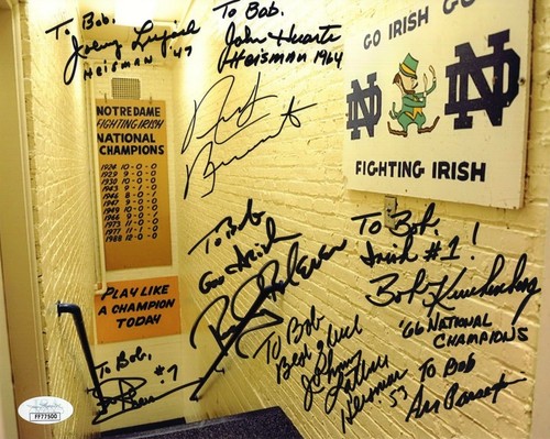 NOTRE DAME HAND SIGNED 8x10 COLOR PHOTO SIGNED BY 8 LEGENDS TO BOB JSA ...