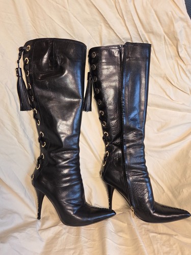 YVES SAINT LAURENT RIVE GAUCHE BLACK GOAT LEATHER HIGH HEEL BOOTS | eBay