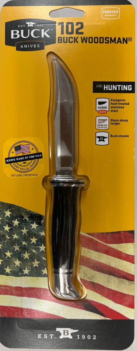 New Buck 102 Woodsman Fixed Blade Knife Clip Point w/ Leather Sheath ...