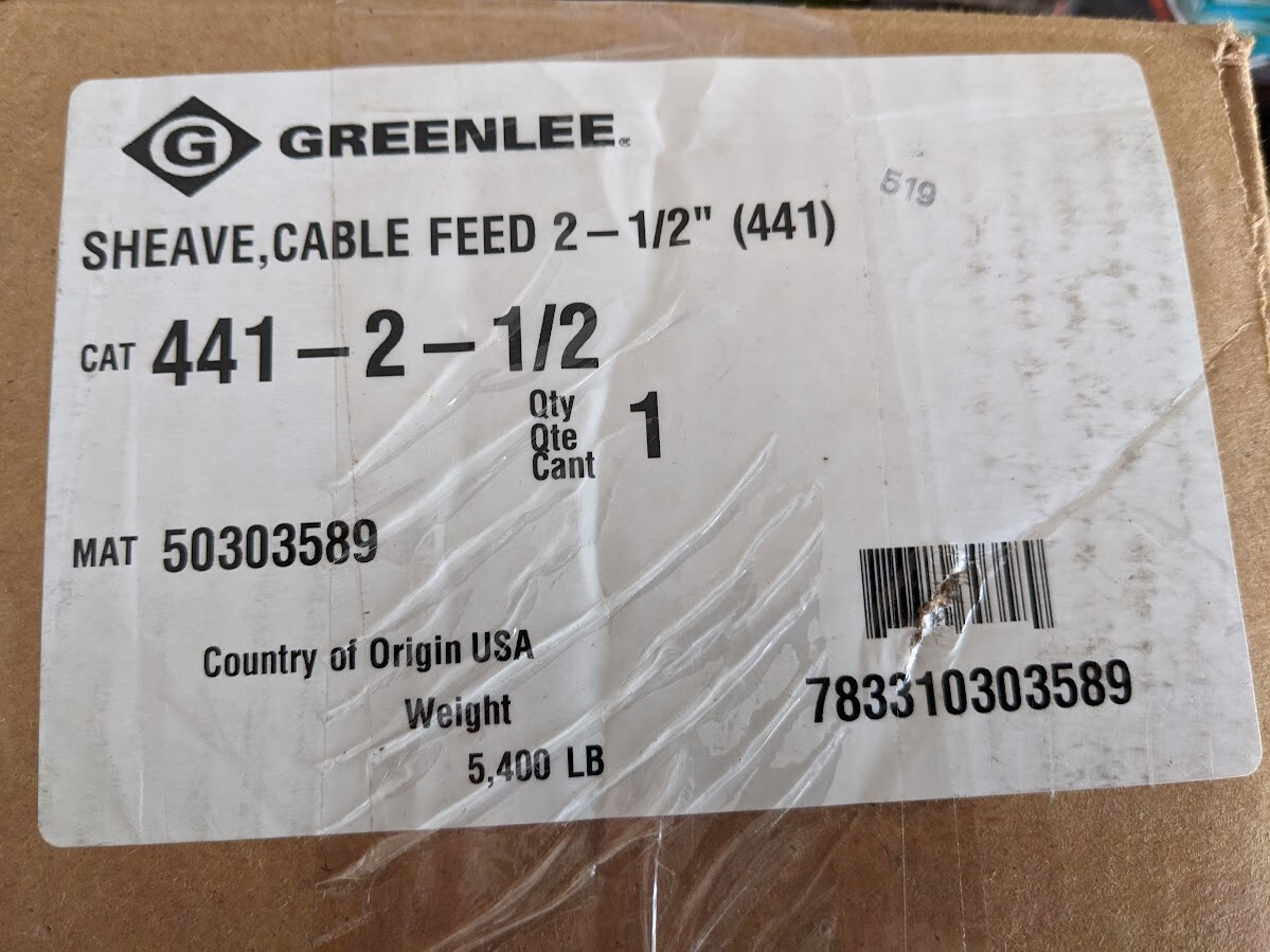 Greenlee 441-2-1/2 Cable Feeding Sheave 1900 LB Breaking Strength ...