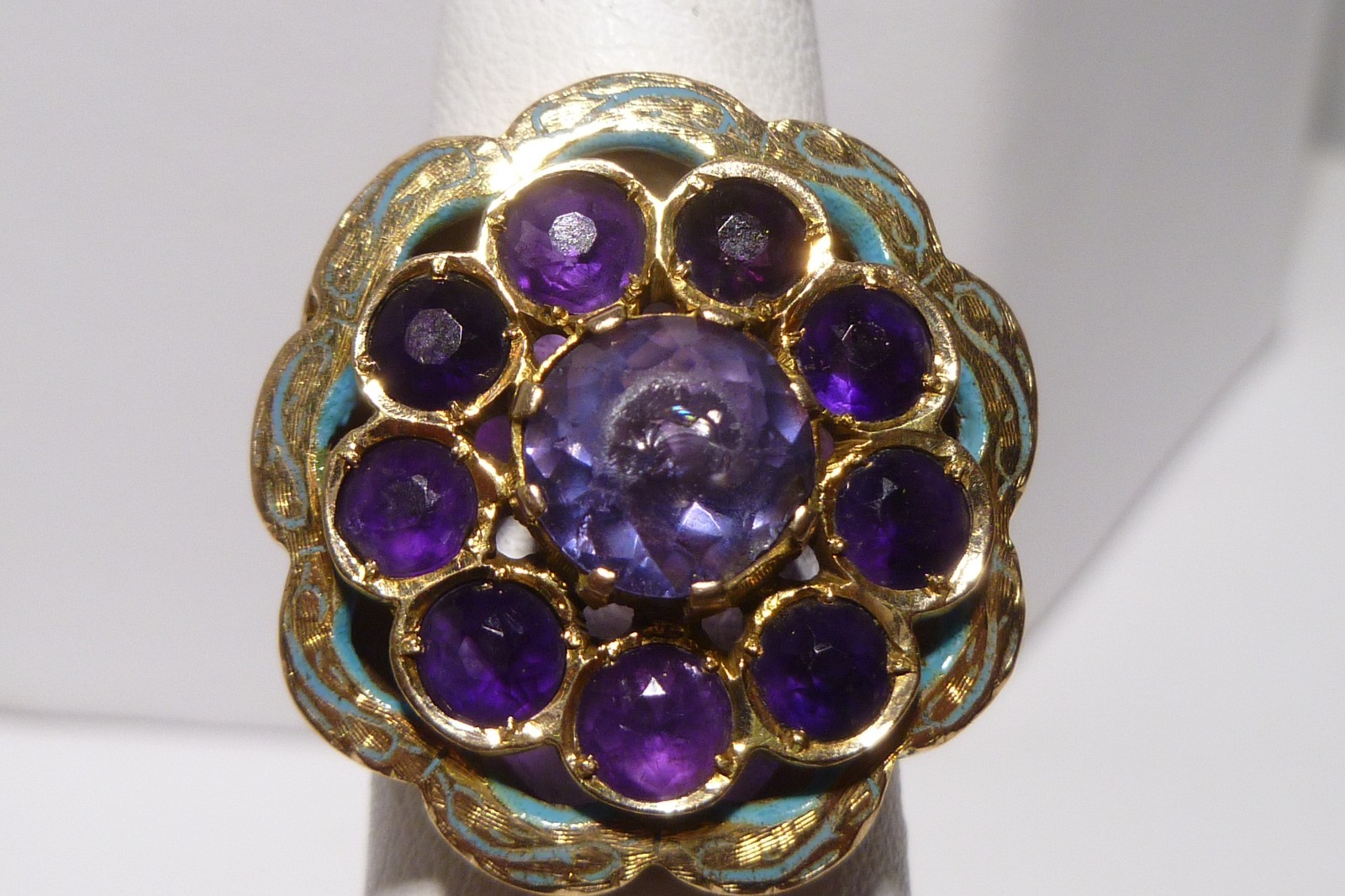 Victorian 12K Gold Flower Ring Bezel Wrap Set Rose Cut Amethyst Enamel ...