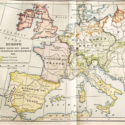 1929 Map Europe King Louis XIV Personal Government Holy Roman Empire ...