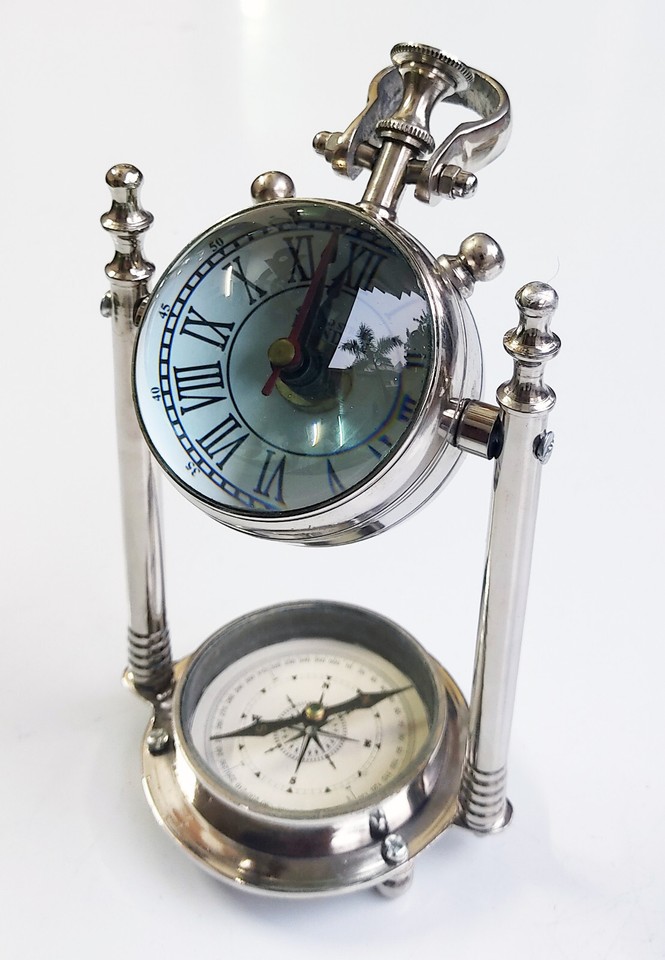 Nautical Desk Clock Handmade Compass Retro Brass Table Clock Antique ...