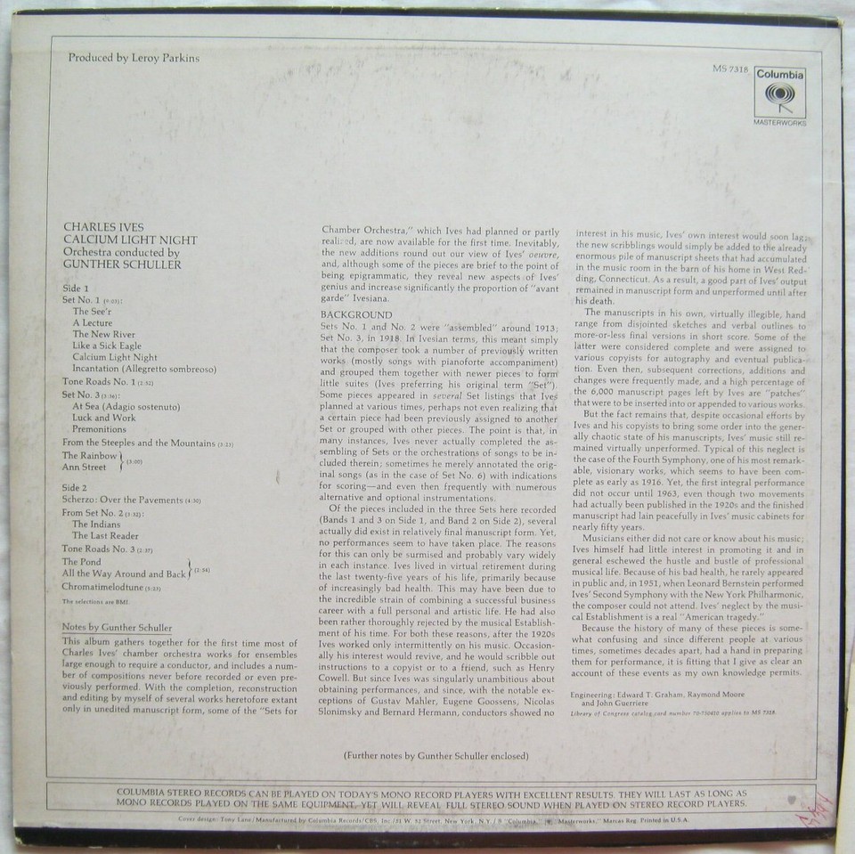 Calcium Light Night Charles Ives LP Columbia MS7318 VG+ | eBay