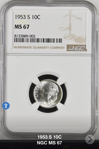 1953 S Roosevelt Silver Dime NGC MS 67 Beautiful Bright White PQ No ...