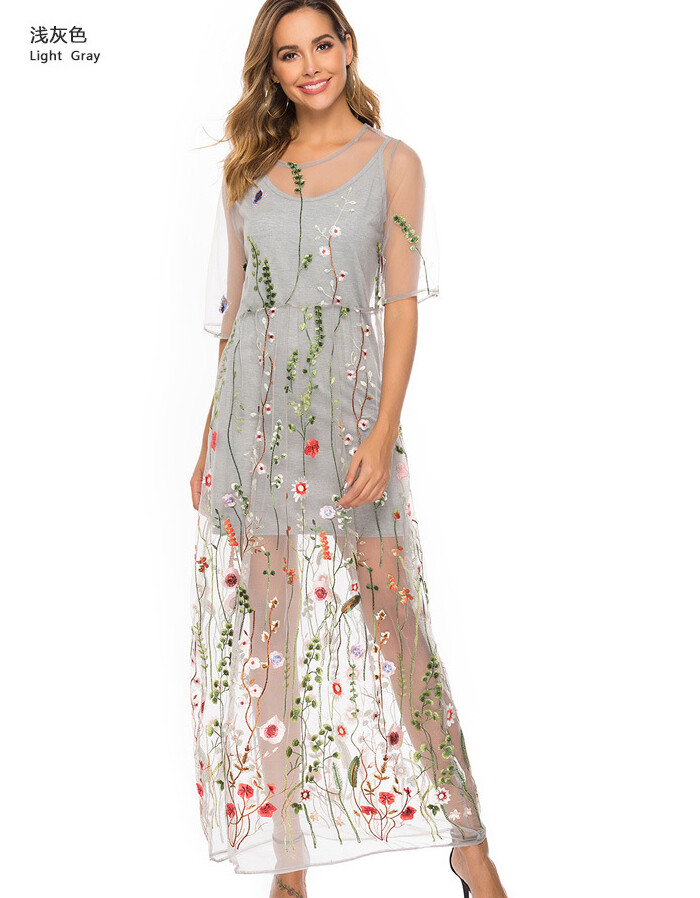 Women Embroidered Gauze Lace Floral Sheer Mesh Cocktail Evening Party ...