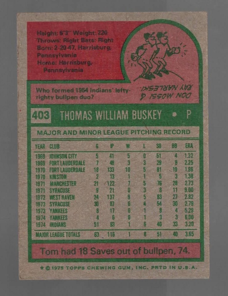 1975 Topps Tom Buskey Cleveland Indians #403 Good (crease) | eBay