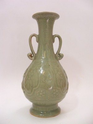 1920s Chinese Carved Pear Shape Celadon Vase w/ Handles & Swastika ...