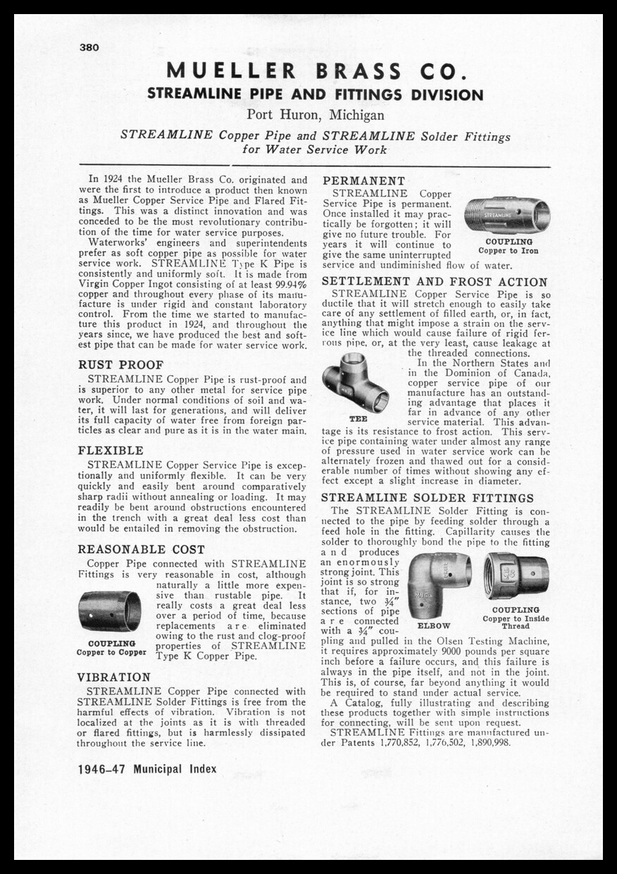 1946 Mueller Brass CO Copper Pipe Port Huron MI Vintage trade print ad ...