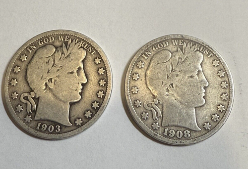 Pair of U.S. Barber Halves .90 Fine Silver 1903-O and 1908-S in VG ...