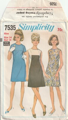 Shift Style Dress - Vintage Pattern - Simplicity 7535 - 1968 - Bust 92 ...