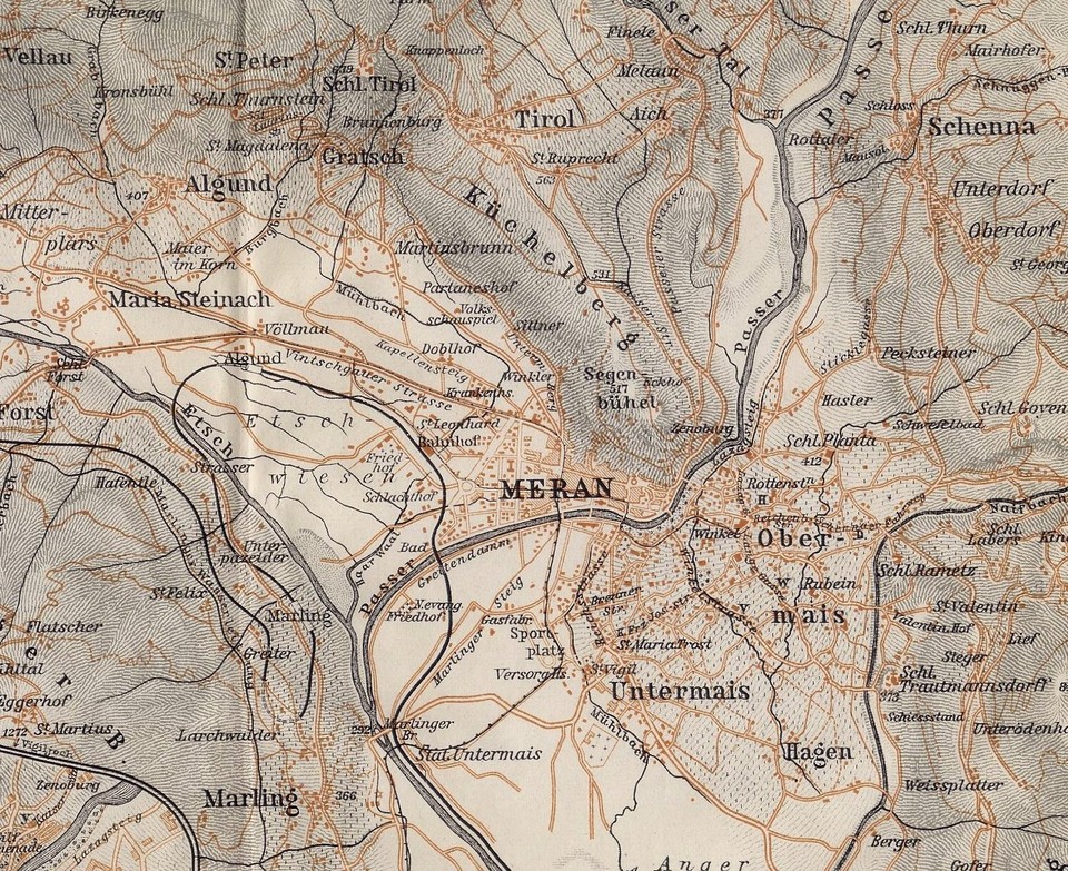 1910 ORIGINAL ANTIQUE MAP OF MERAN MERANO AND VICINITY / AUSTRIA ...
