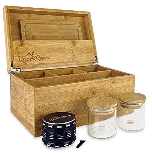 Stash Box with Accessories Tray 2 Airtight Jars Bamboo Stash Box Combo ...
