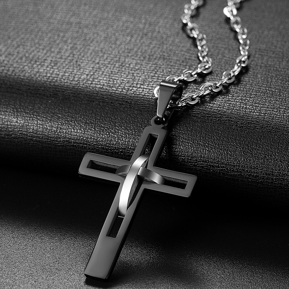 Men's Black Silver Double Hollow Cross Stainless Steel Pendant Necklace ...