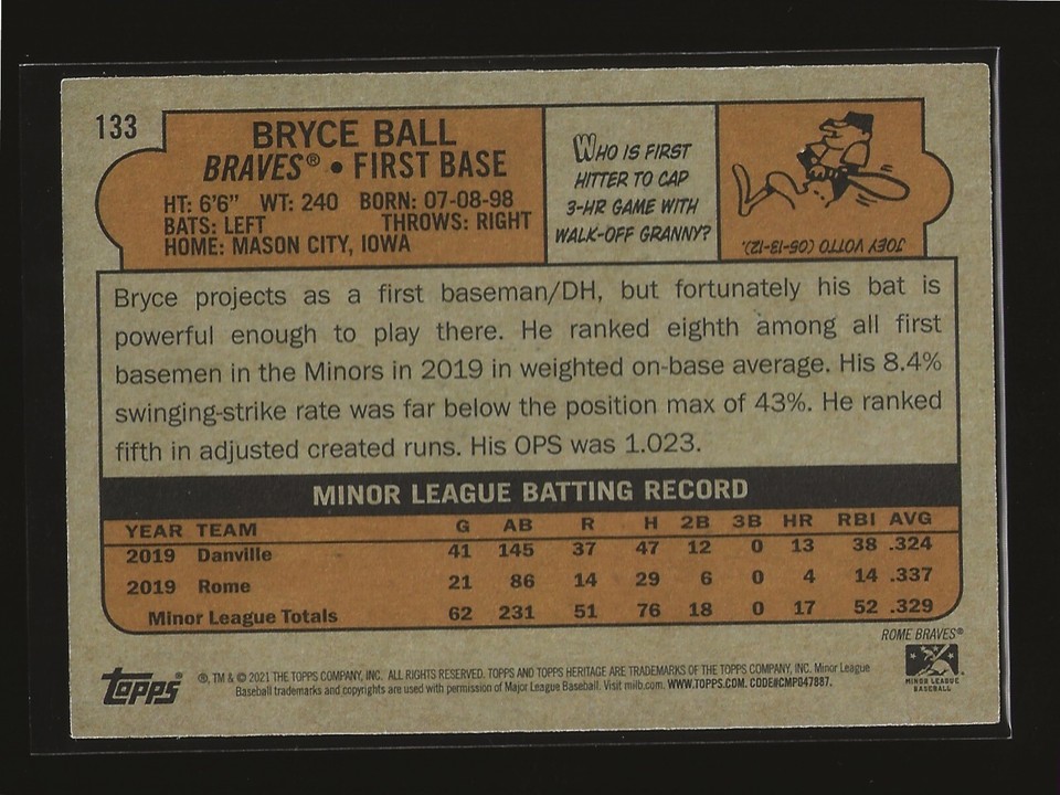 BRYCE BALL 2021 Topps Heritage Minor League Base Card Rome Braves (#133 ...