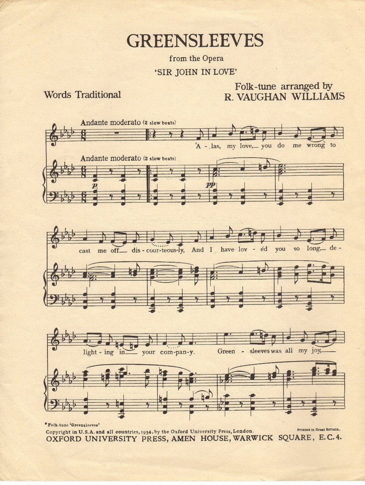 GREENSLEEVES Music Sheet-1934-SIR JOHN IN LOVE-AUTOGRAPH MARION ...