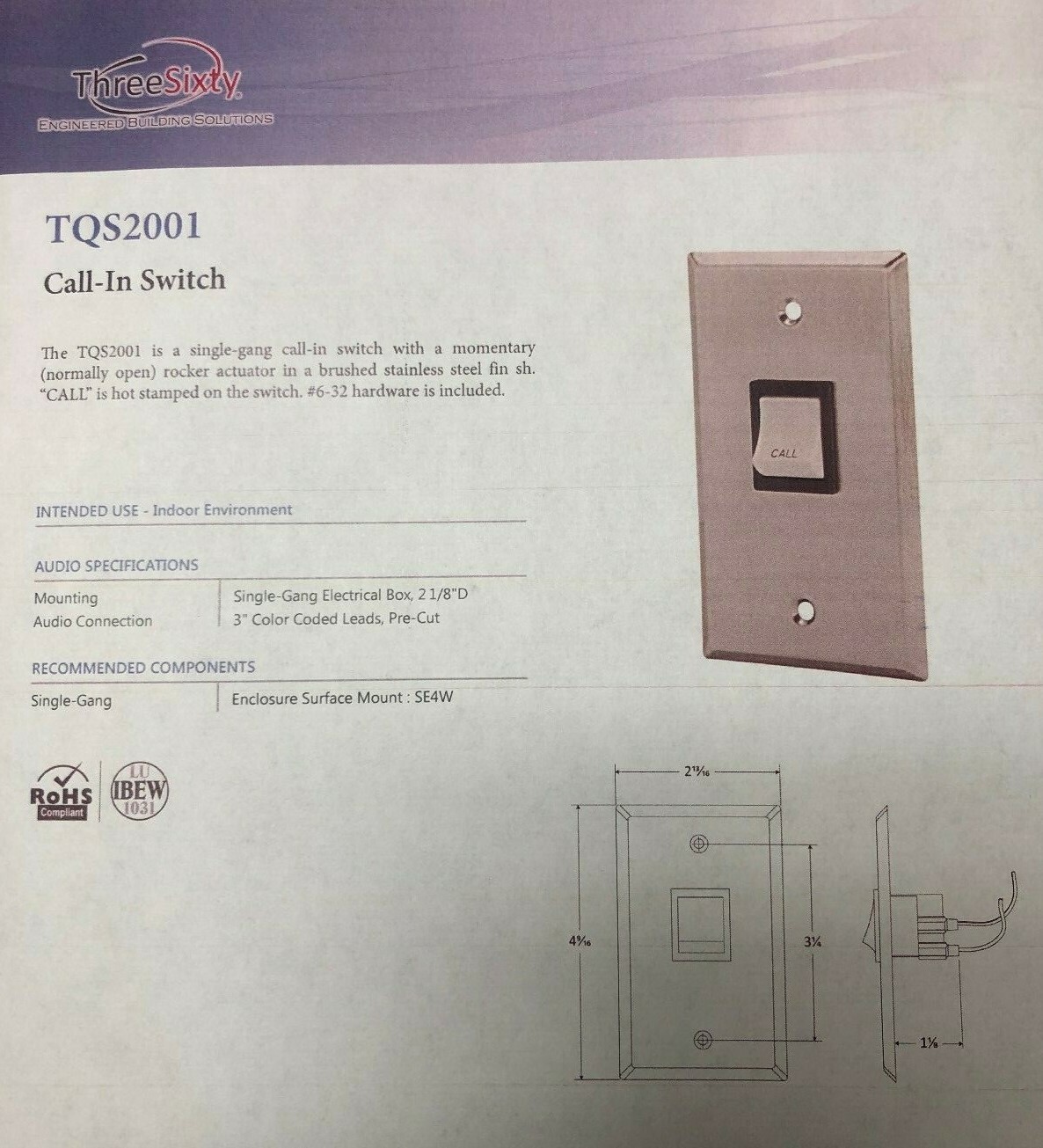 ThreeSixty Intercom Call Switch Single Gang Stainless Wall Plate Part ...