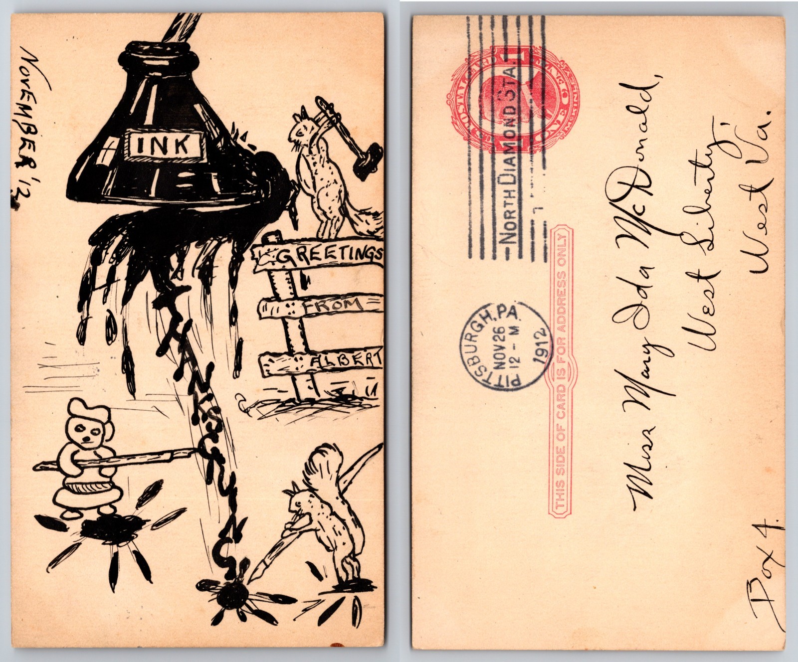 Greetings From Albert Animal Ink Illustration Postcard | eBay