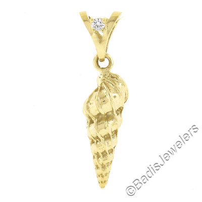 14k Gold Detailed Textured 3D Shell Charm Pendant w/ 0.04ct Diamond on ...