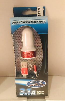 Solaray 3.1A Dual USB Car Charger White Red Model with Micro USB Cable ...