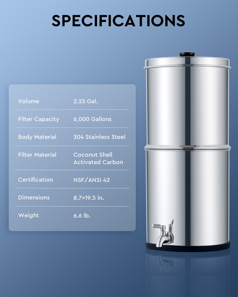 2.25 Gallons Gravity-Fed Water Filter System Stainless Steel Water ...