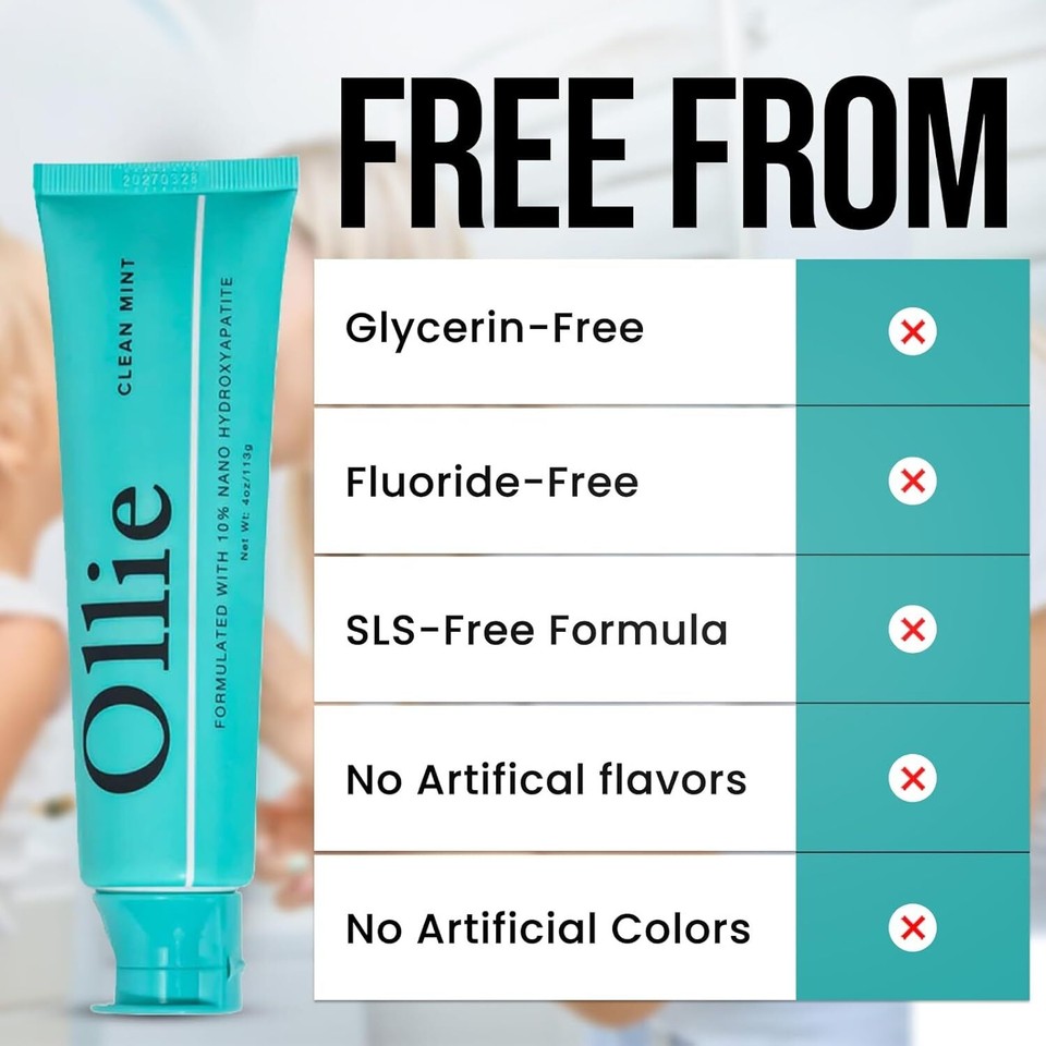 Ollie Clean Mint Nano Hydroxyapatite Toothpaste for Teeth Whitening, 10 ...
