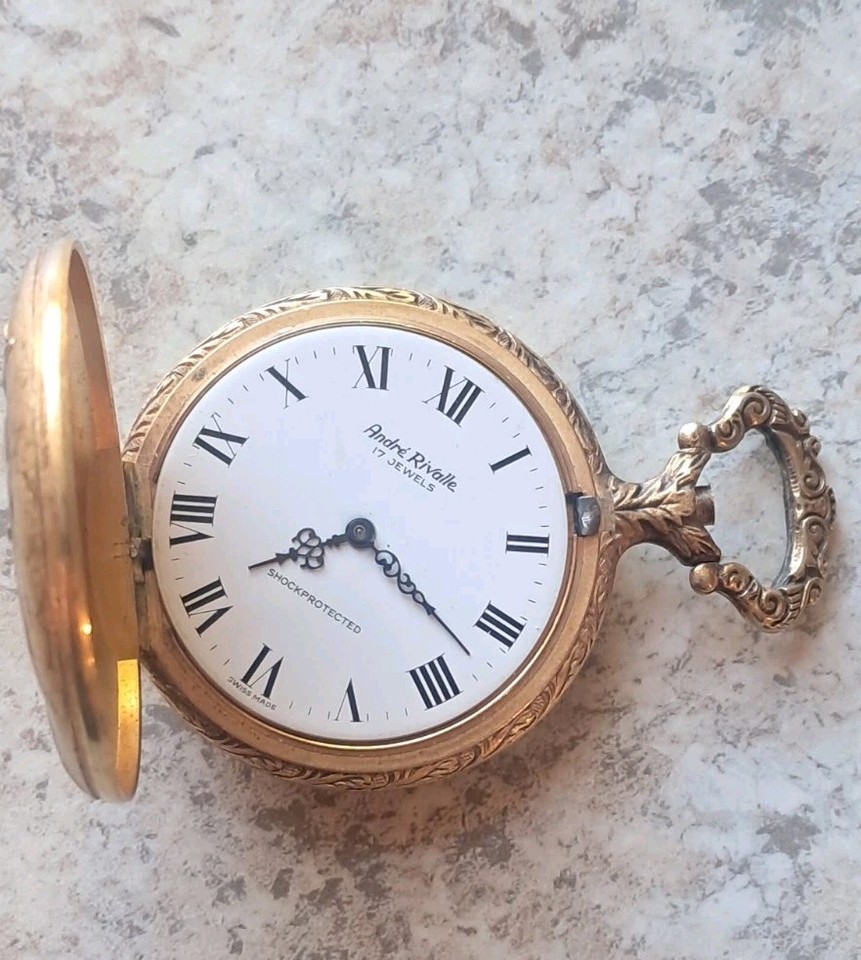 RARE Vintage Matte Gold Plated Pocket Watch 17 JEWELS Fisherman Scene ...