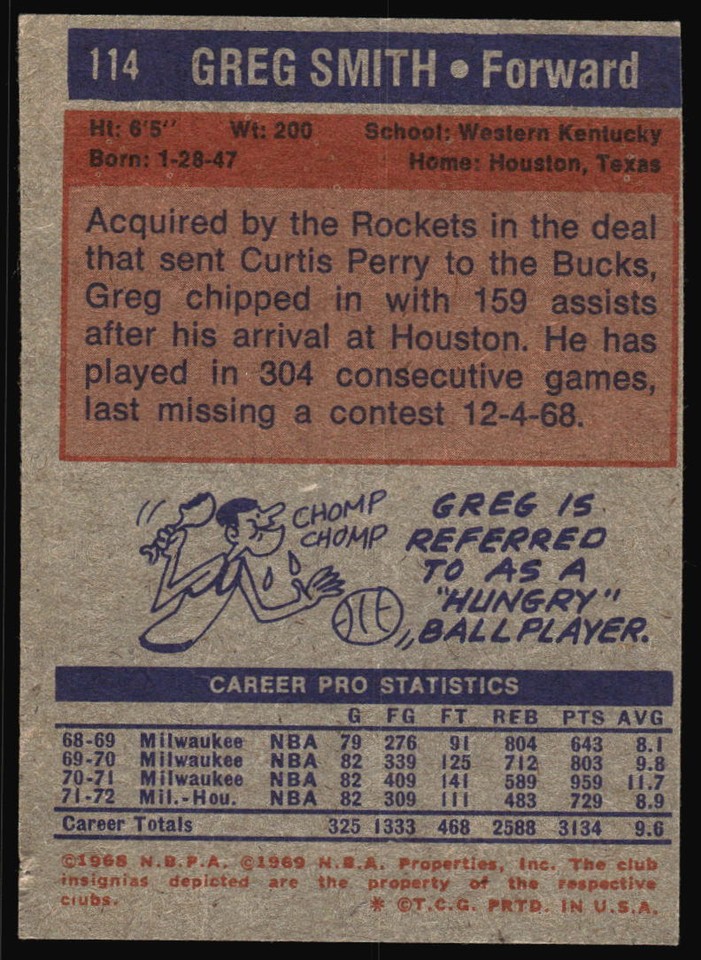 1972 Topps Greg Smith #114 Houston Rockets L1 | eBay