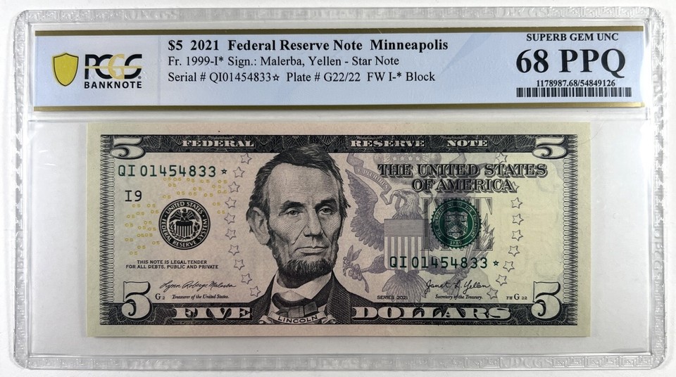 Lot of 4x CONSECUTIVE 2021 $5 Federal Reserve *STAR NOTES* PCGS 68 PPQ ...