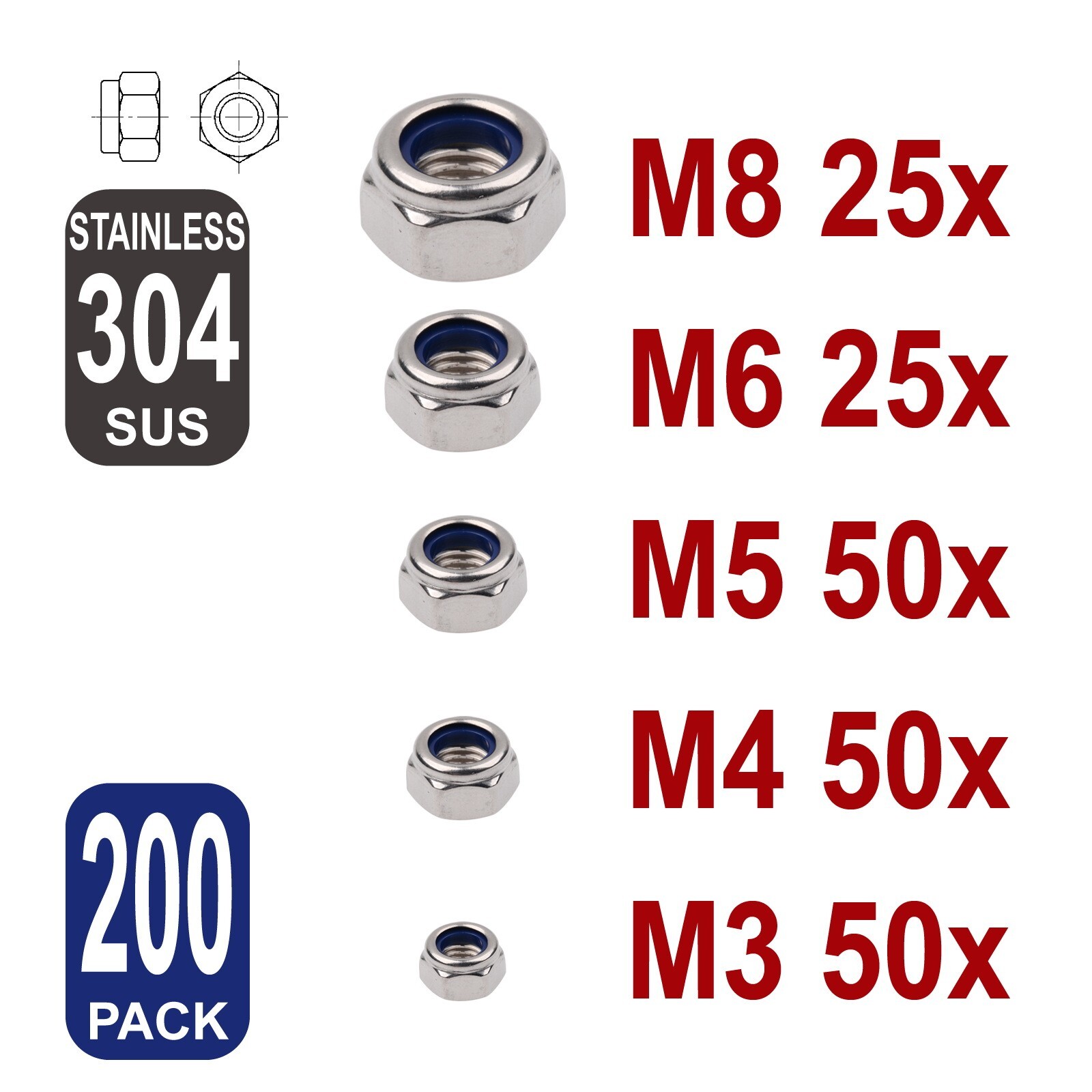 Hex Lock Nuts Nylon Insert 304 Stainless Steel Stop Nut Metric SUS ...