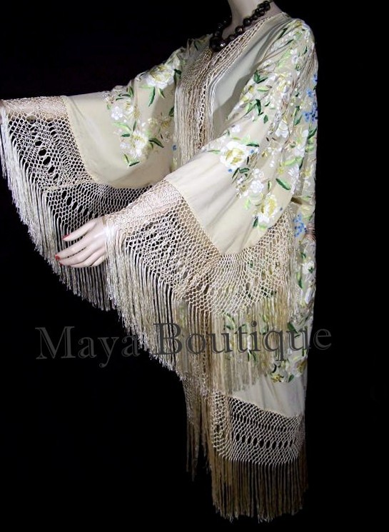 Embroidered Silk Opera Coat Kimono Fringe Jacket Birds & Flowers ...