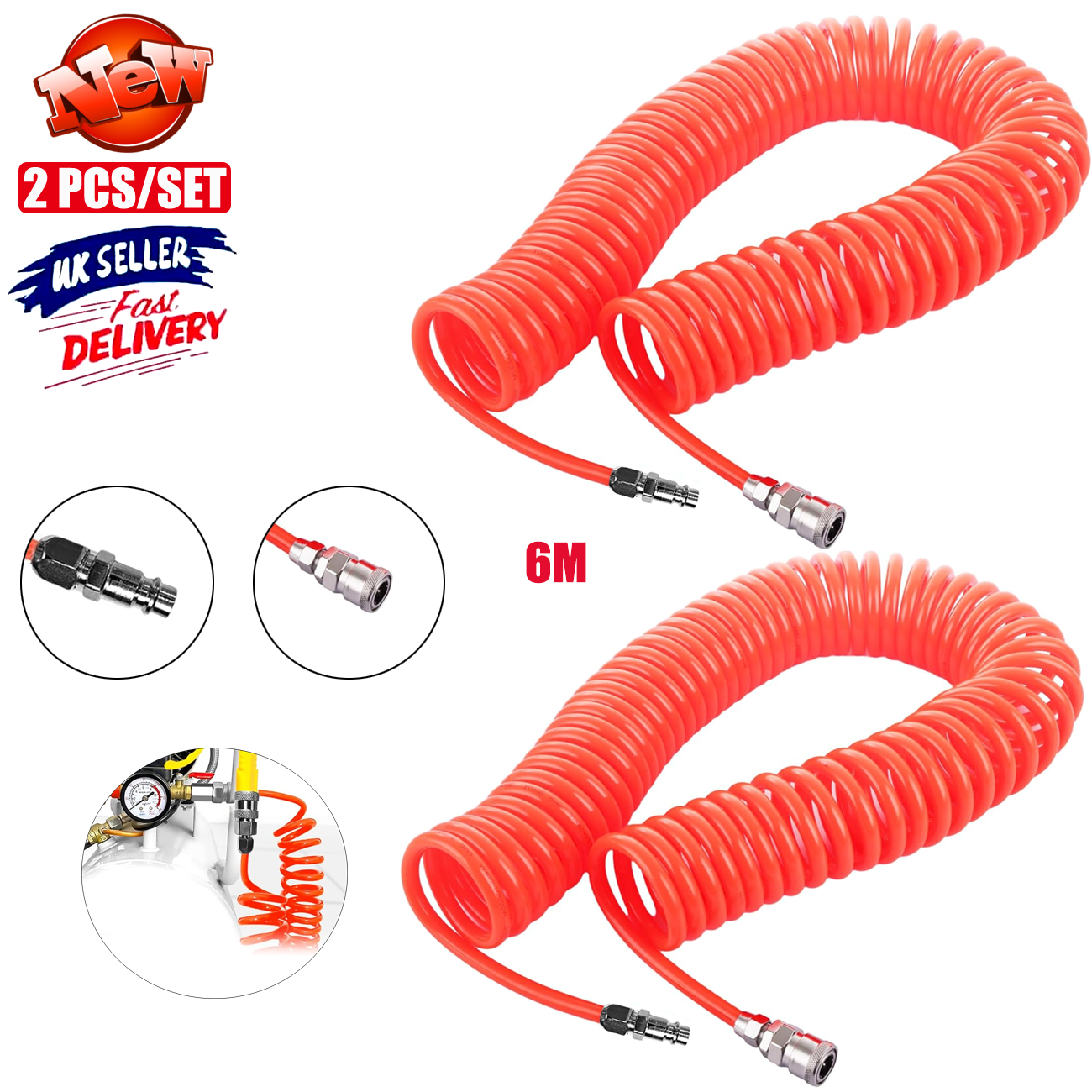 🔥2PCS 6M 1/4" Flexible Compressor Air Line Hose Recoil Coiled Europe ...