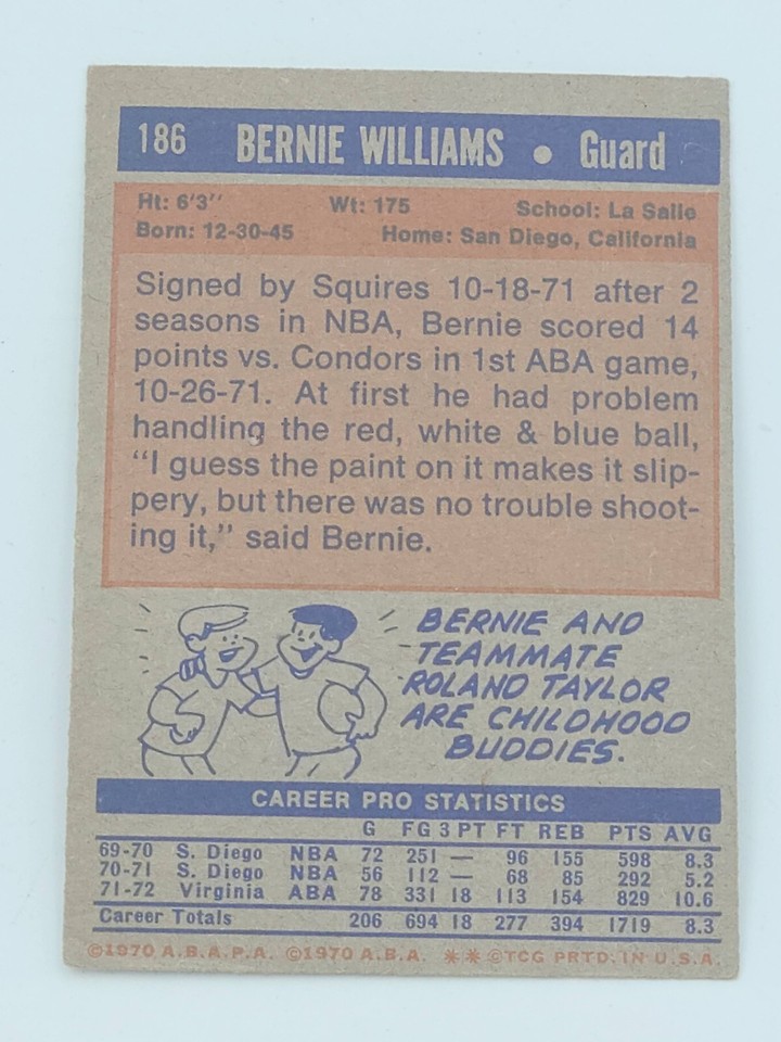1972 Topps Basketball #186 Bernie Williams | eBay