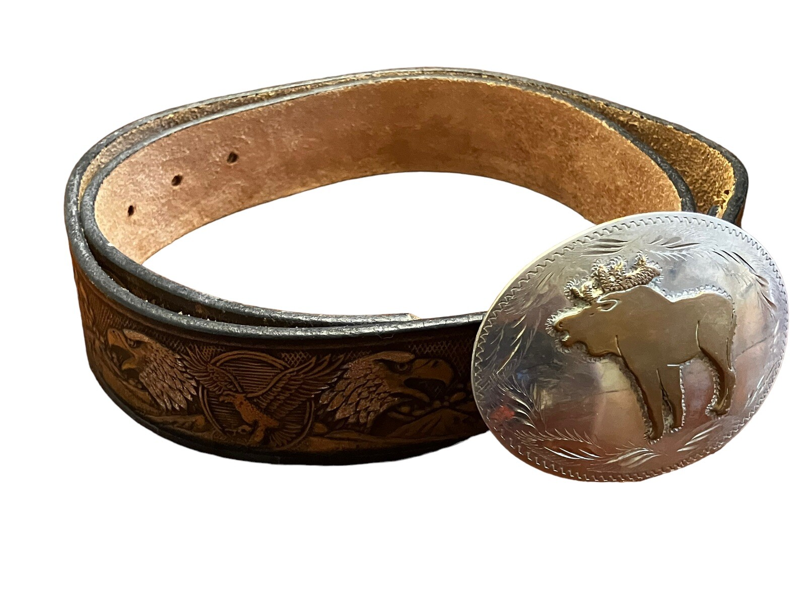 Large Metal Moose Buckle With Eagle Leather Belt Hand… - Gem