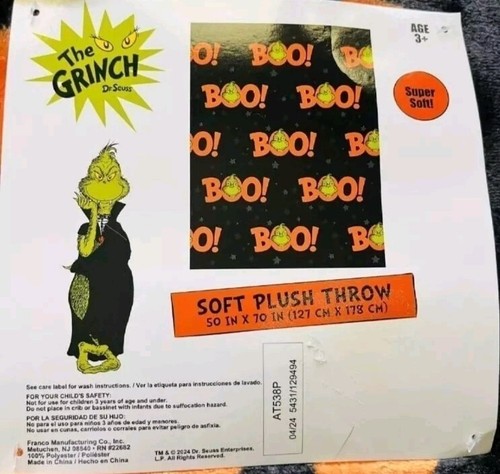 Halloween Grinch Dr. Seuss BOO! Soft Plush Throw Blanket Black 50 in x ...