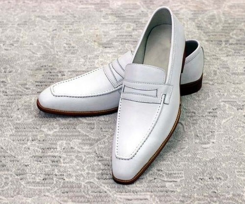 Men's White Formal Square Toe Moccasin Dress Shoes, Real Leather Office ...