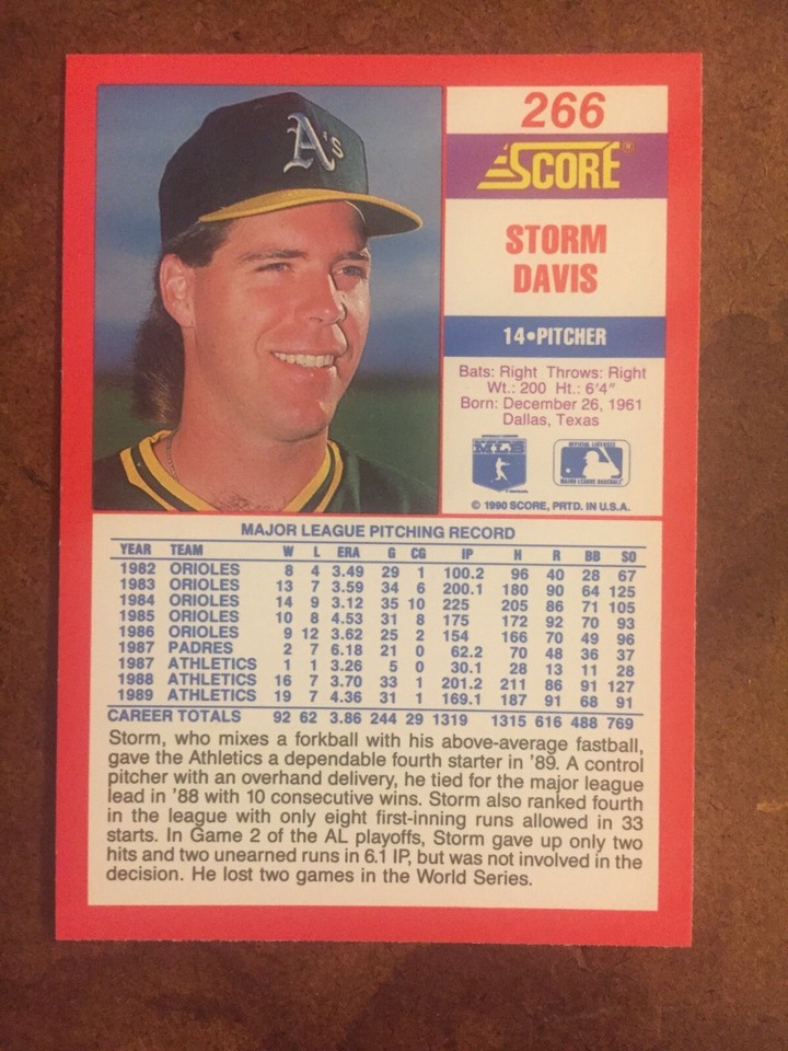 Storm Davis 266 Score 1990 MLB Baseball Trading Card | eBay