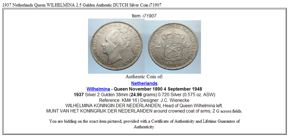 1937 Netherlands Queen WILHELMINA 2.5 Gulden Authentic DUTCH Silver ...