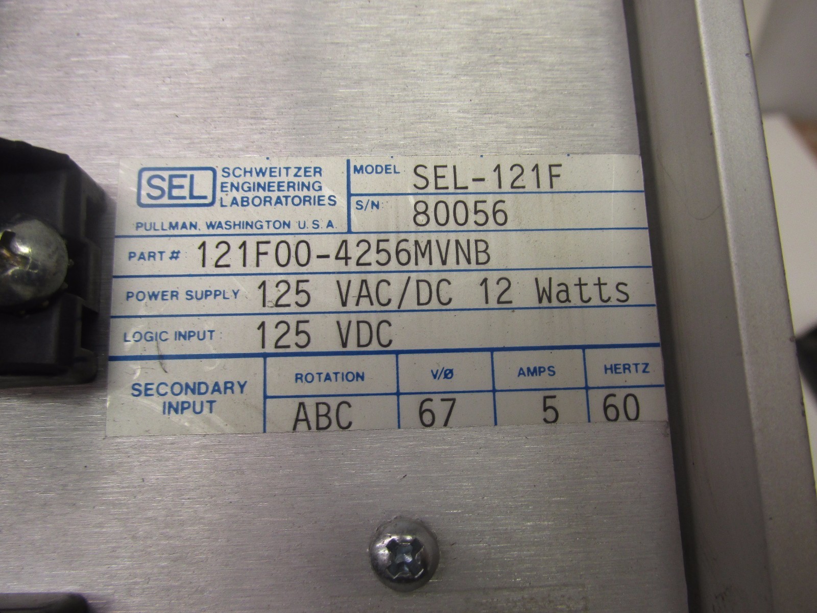 Schweitzer Engineering Labs. Model SEL-121F Part#121F00-4256MVNB ...