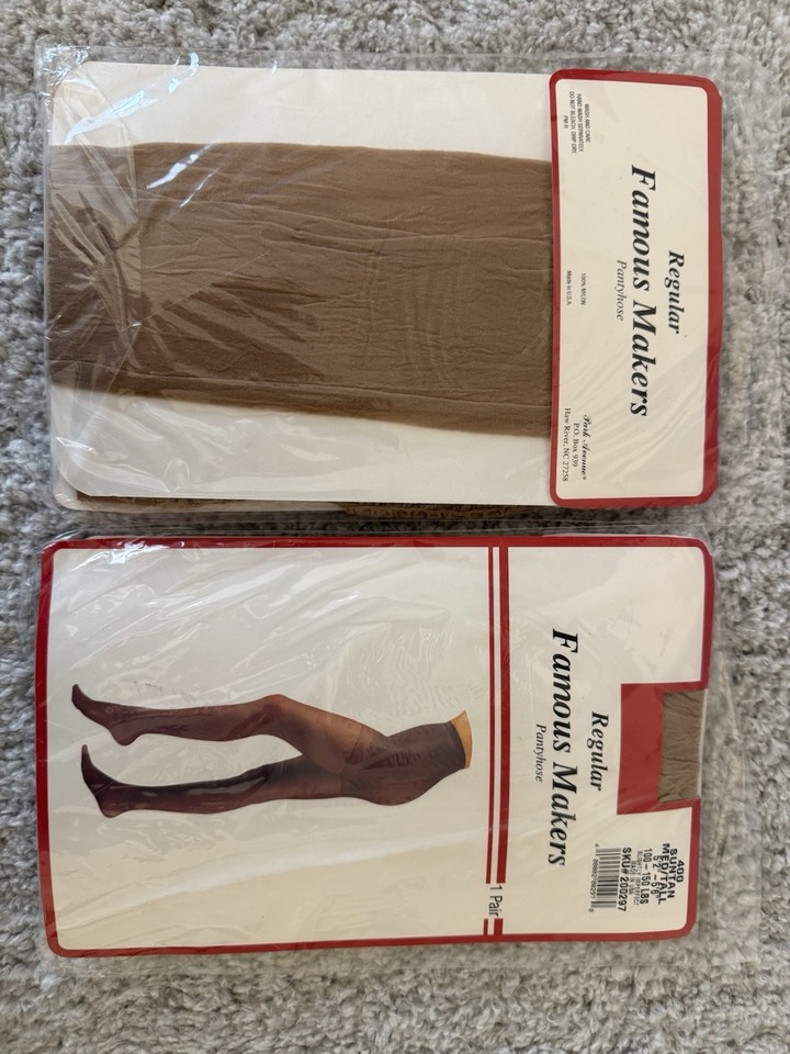 2 Pairs Vintage Famous Maker Pantyhose Made In USA Suntan 400 Med Tall ...